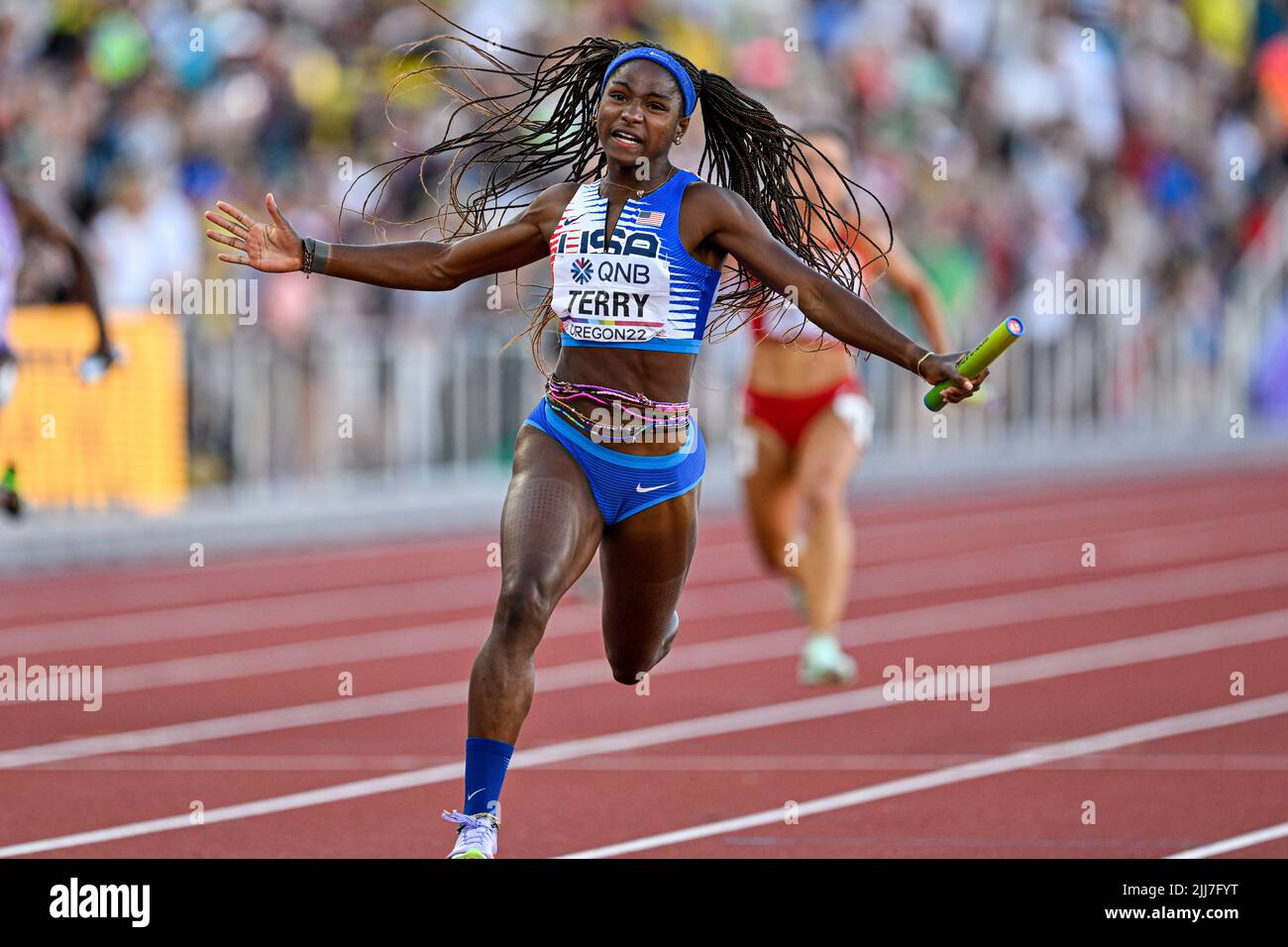 EUGENE, USA - 23. JULI: Twanisha Terry aus den USA tritt während der Leichtathletik ...