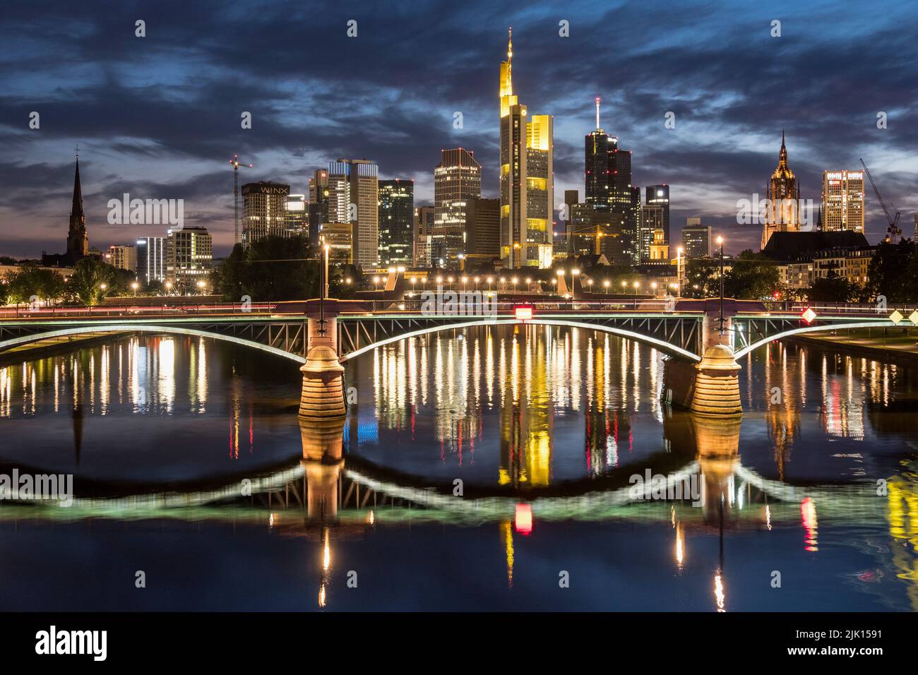 Der Main, die Ignatz-Bubis-Brücke, der Dom und die Wolkenkratzer des ...