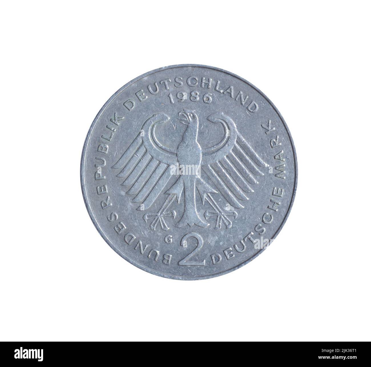 Zwei-Mark-Münze von Deutschland, die einen Adler, ein Emblem von ...