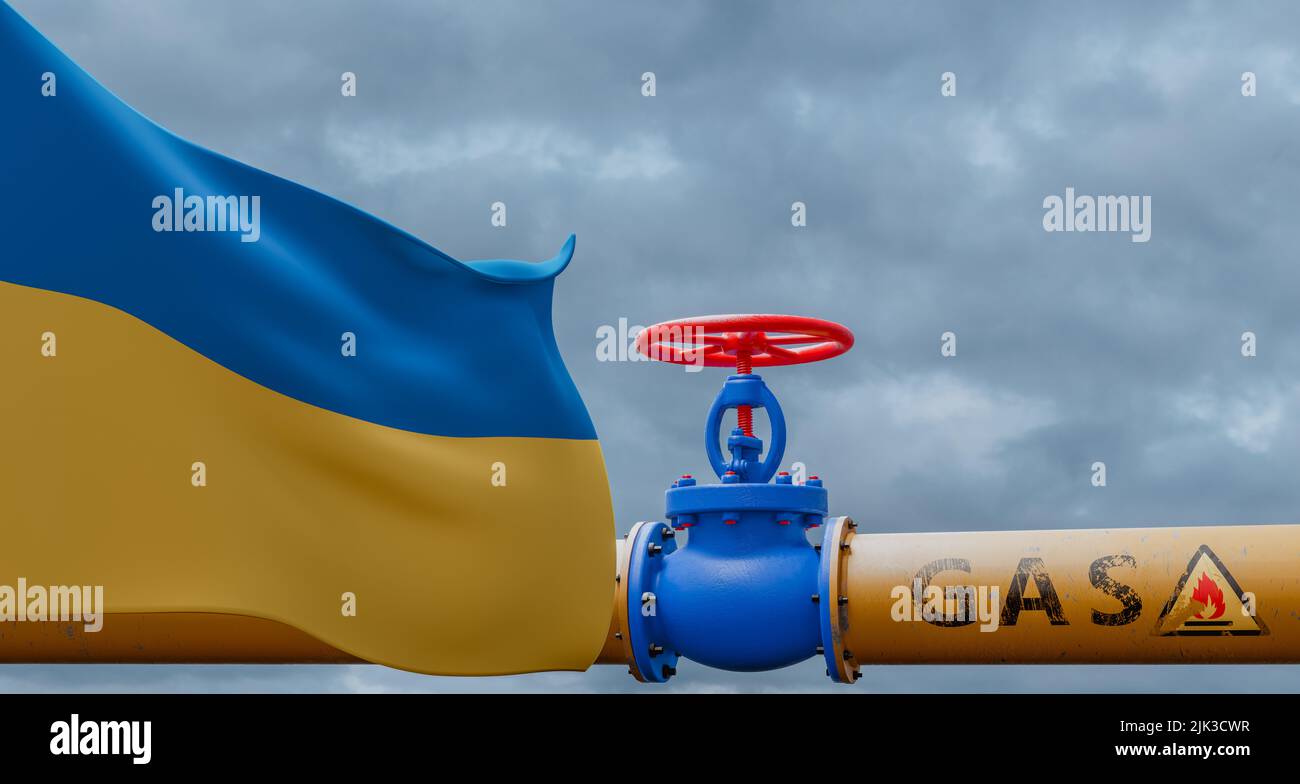 Ukraine Gas, Ventil an der Hauptgasleitung Ukraine, Pipeline mit Flagge ...