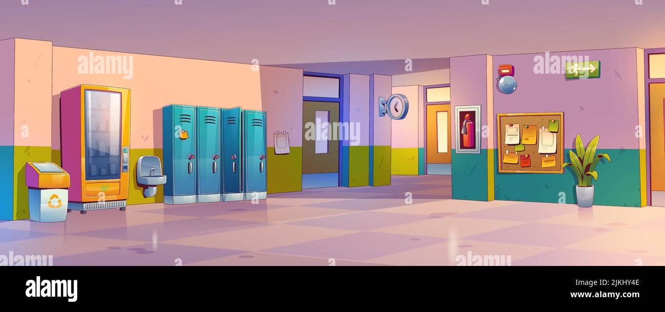 Schulflur, Korridor innen mit Schließfächern, Verkaufsautomat und ...