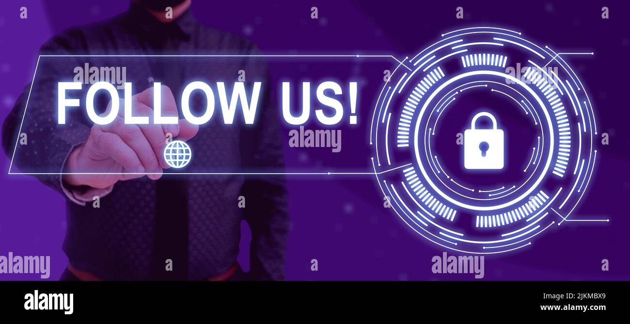 Konzeptionelle Bildunterschrift Folgen Sie uns. Konzeptfoto Akt der Person, um eine Person oder ...