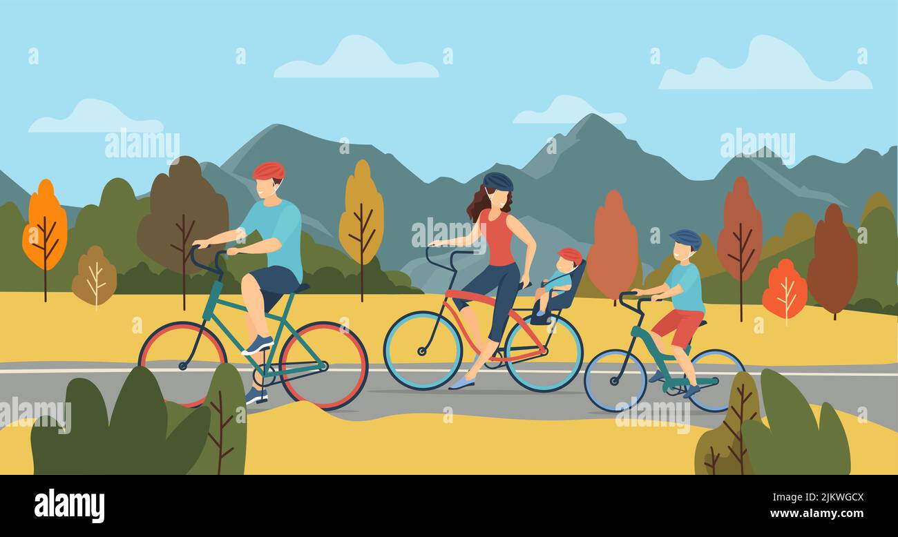 Glückliche Familie genießen Radtour und Herbst Natur zusammen Vektor ...