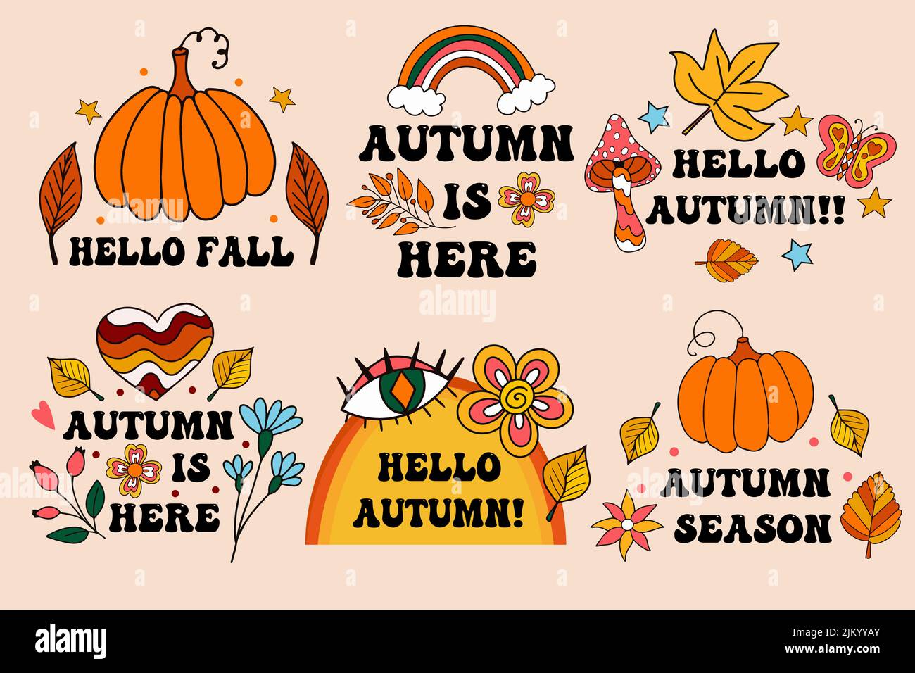 Retro 70s Karte mit 'Hello Autumn'. Herbst- und Ernteschriftzug für ...