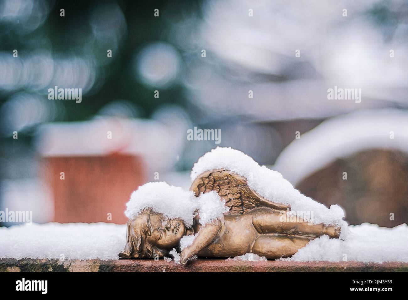 Eine flache Fokusaufnahme einer Skulptur eines mit Schnee bedeckten ...