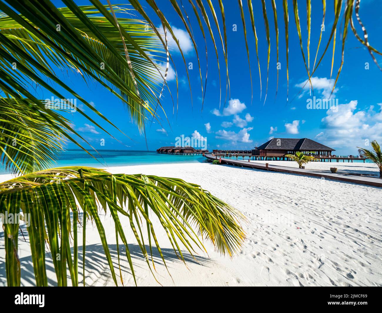 Malediven Insel mit Strandwasserbungalows und Palmen, Süd Male Atoll ...