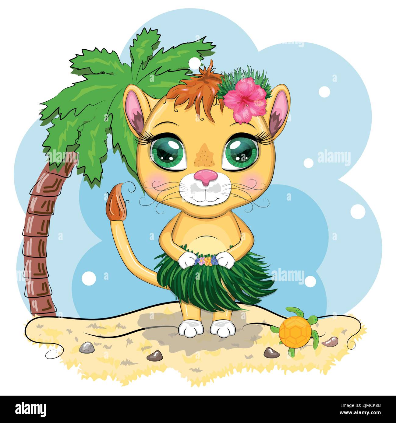 Niedlicher kleiner Löwe mit Kranz aus hawaii-Blumen. Cartoon ...