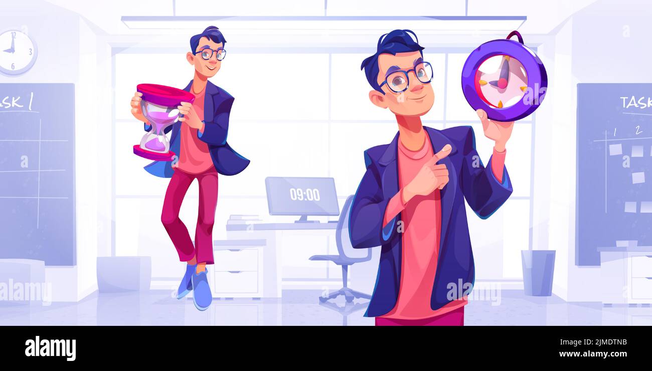 Zeitmanagement-Konzept mit Mann mit Sanduhr und Uhr im Büro. Vektor ...