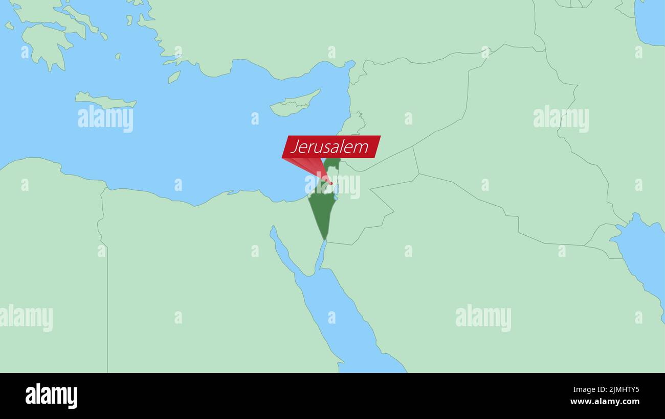 Karte von Israel mit Nadel der Landeshauptstadt. Israel Karte mit Nachbarländern in grüner Farbe ...