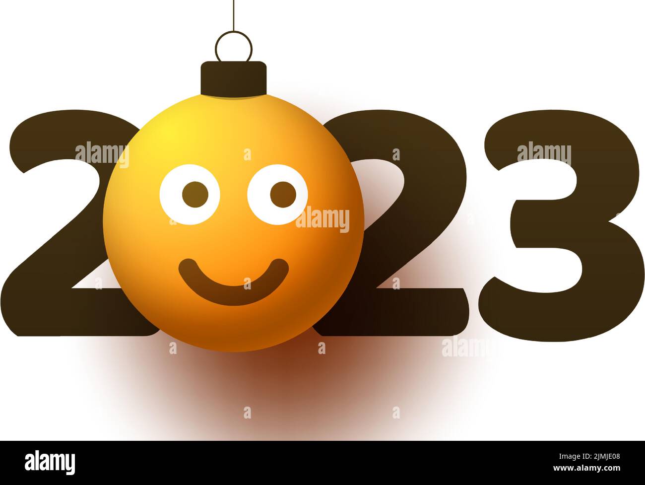 Grußkarte für das neue Jahr 2023 mit lächelndem Emoji-Gesicht, das wie ...