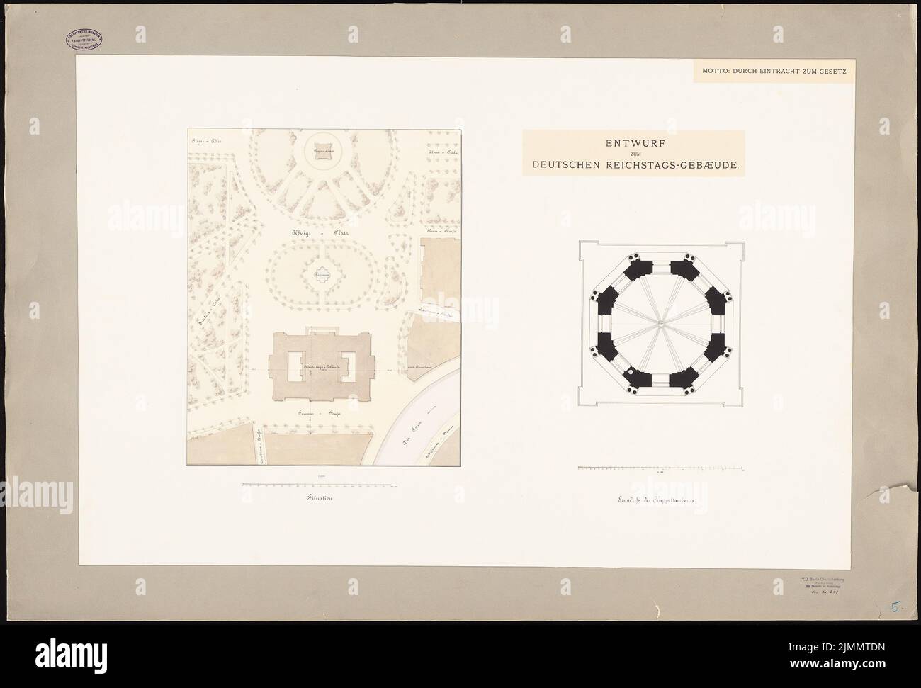 Begas Reinhold (1831-1911), Reichstag, Berlin (ohne Dat.): Lageplan 1: 1000, Grundriß Kuppel 1: ...