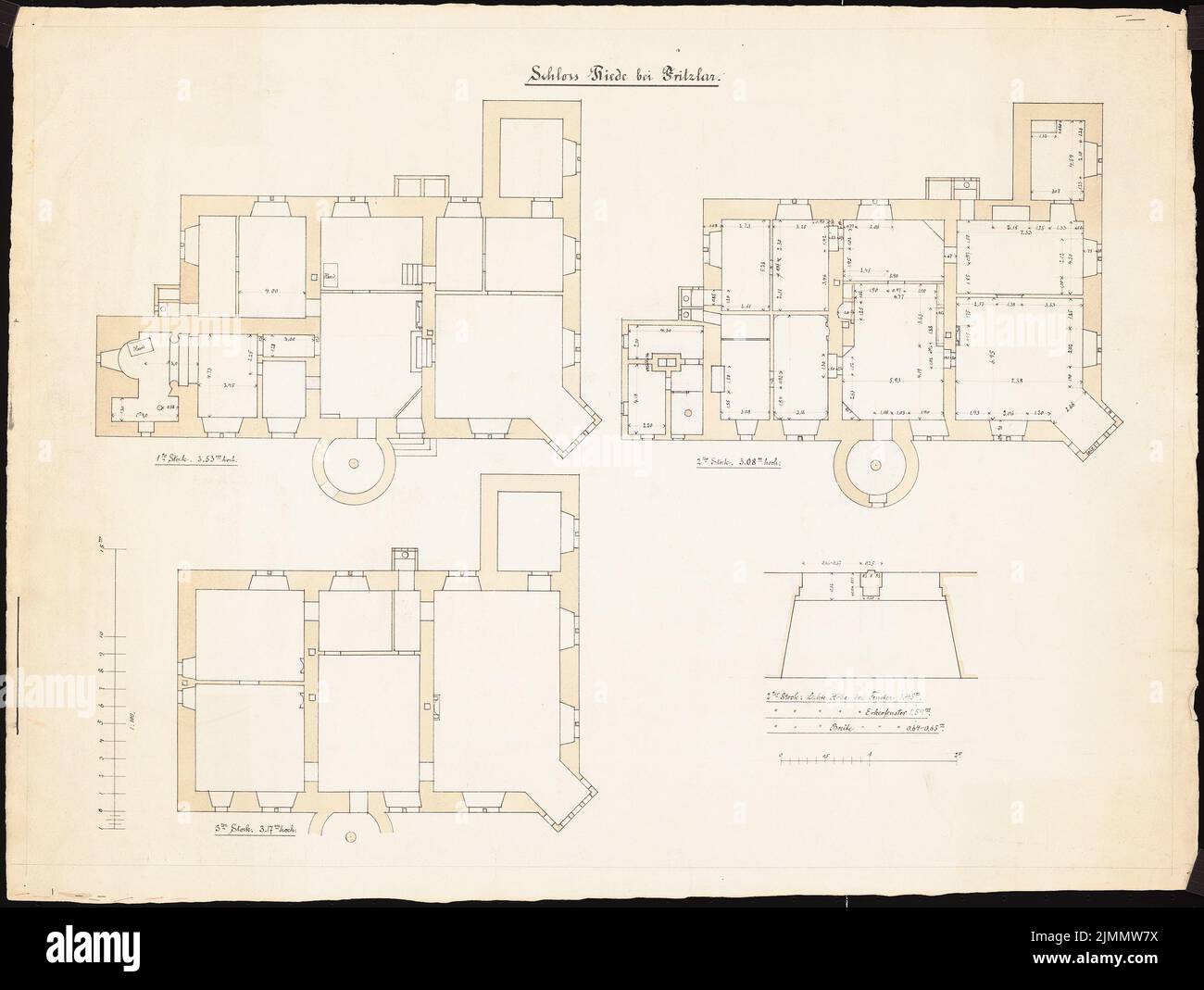 Dihm Ludwig (1849-1928), Schloss Riede, Fritzlar (07.05.1880): Grundrisse 1., 2. Stock, 3. Stock ...