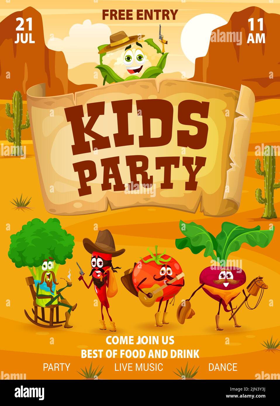 Cowboy und Bandit Kinder Party Flyer. Cartoon Gemüsefiguren ...