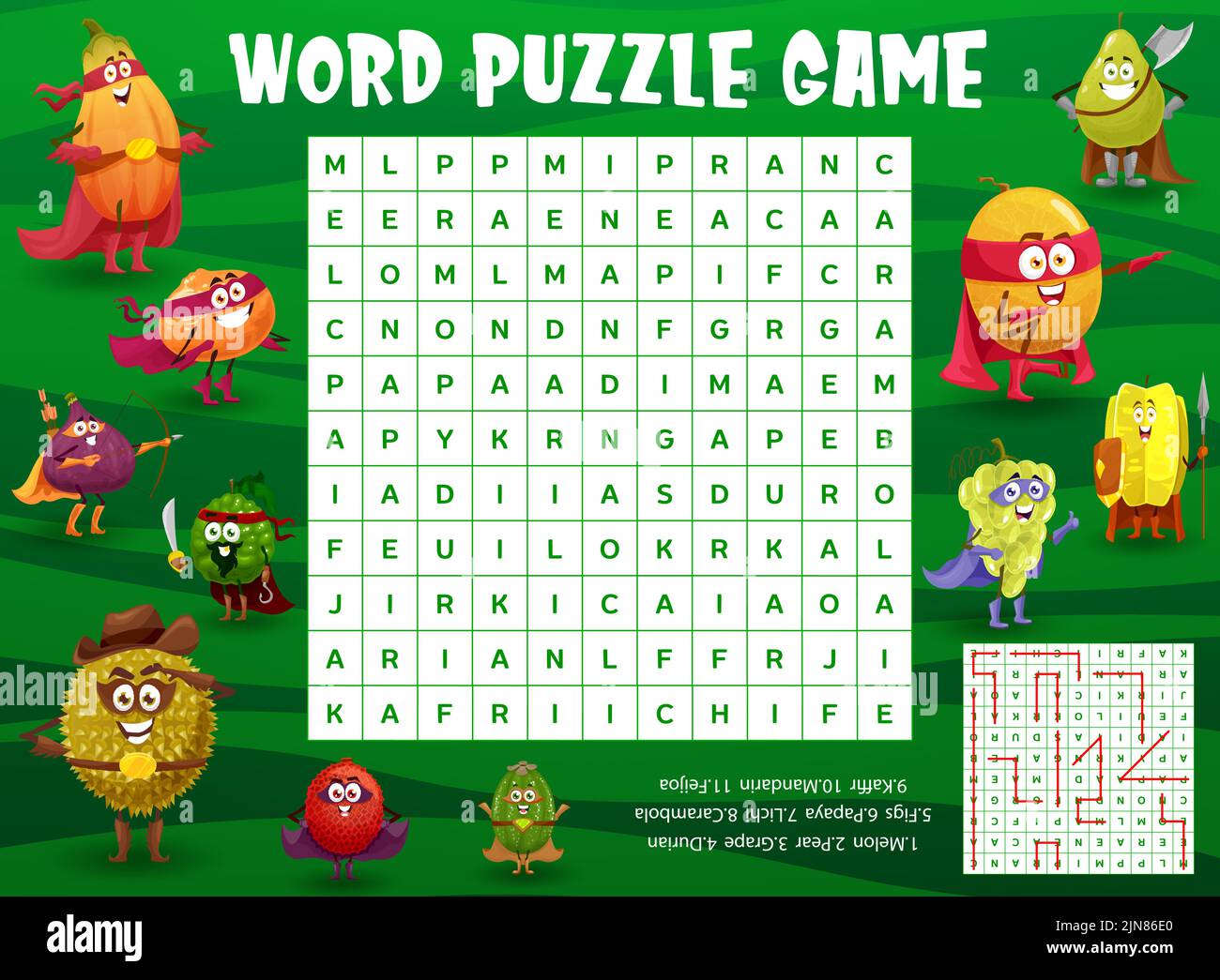 Word Puzzle Spiel Gitter Arbeitsblatt mit Superhelden Früchte Zeichen ...