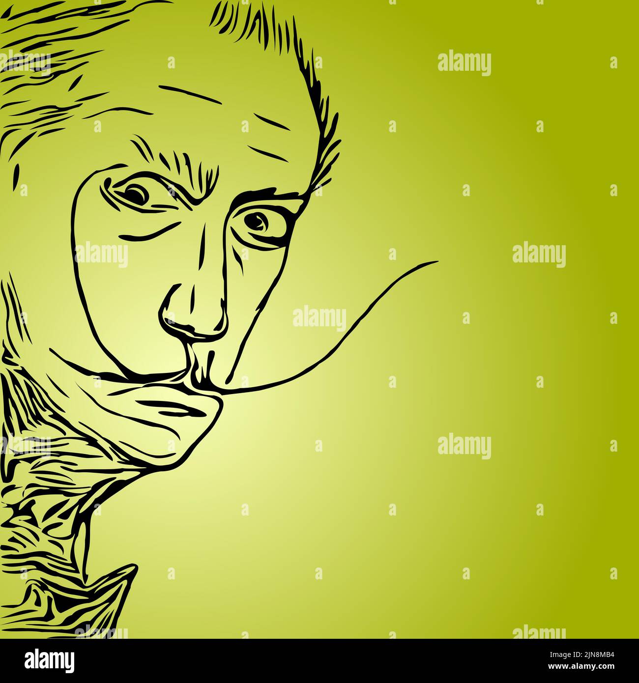 Das Porträt von Salvador Dali im Cartoon-Stil auf dem grünen ...