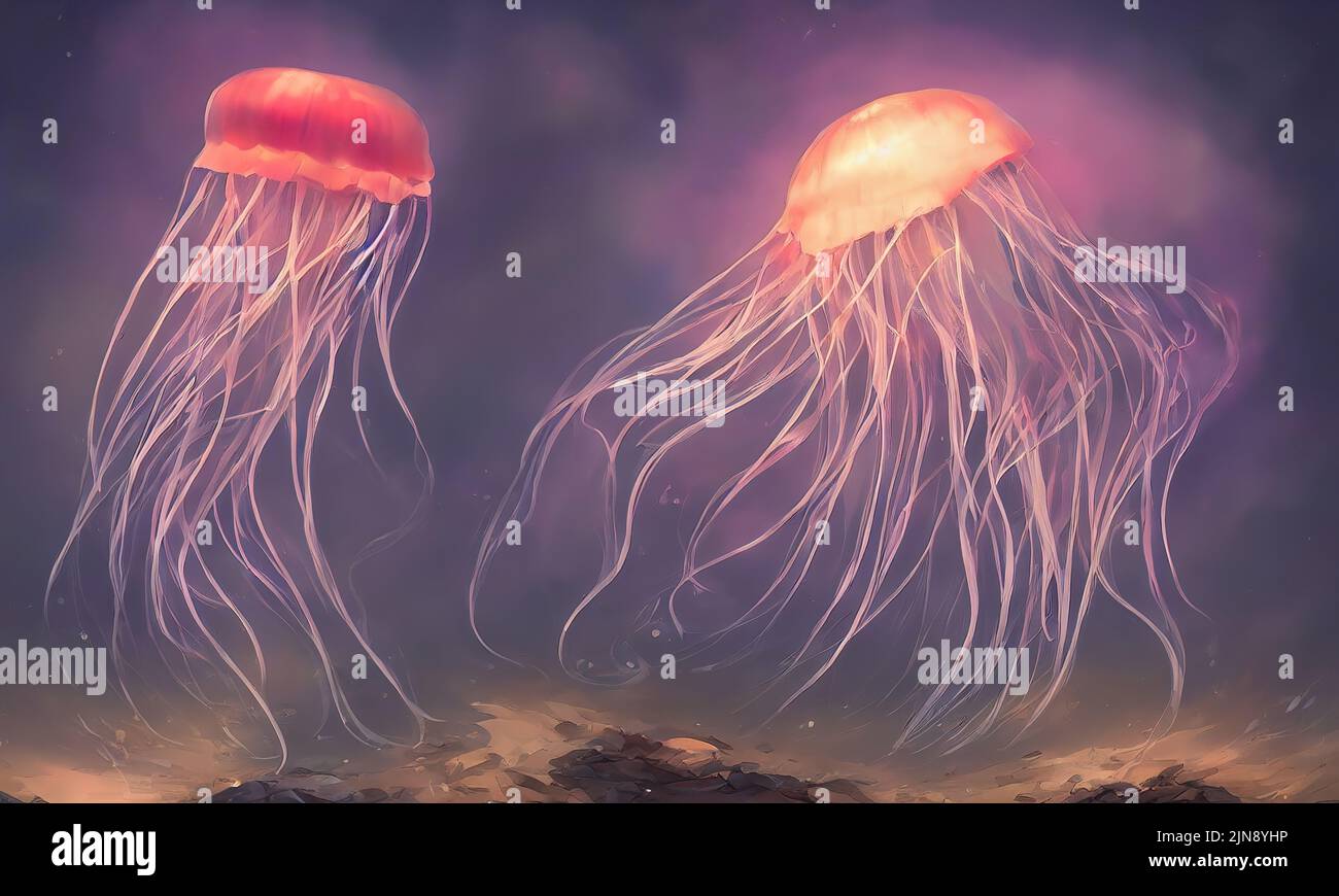 Leuchtende Quallen schwimmen tief im blauen Meer. Medusa Neon Quallen ...
