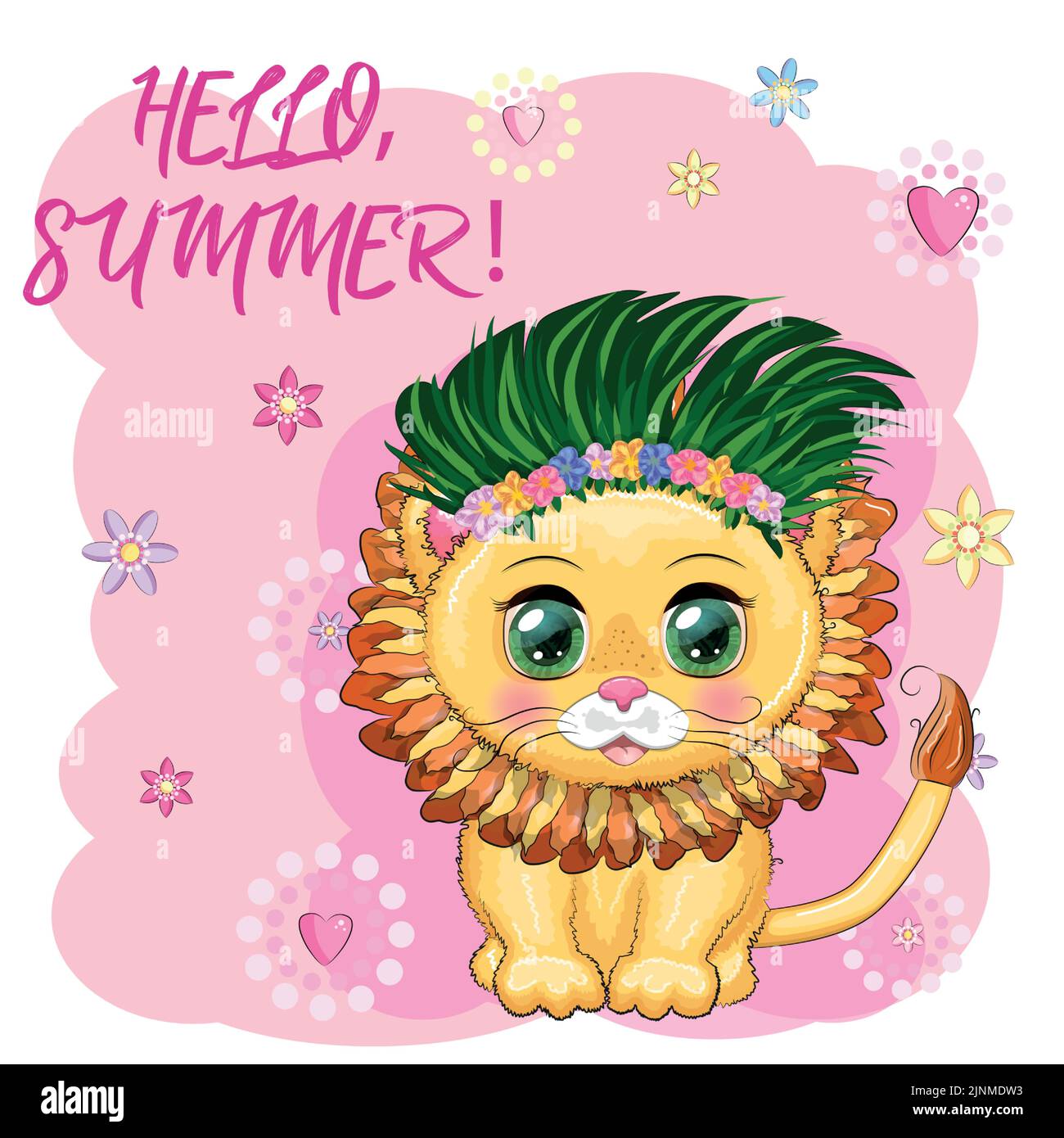 Niedlicher kleiner Löwe mit Kranz aus hawaii-Blumen. Cartoon ...