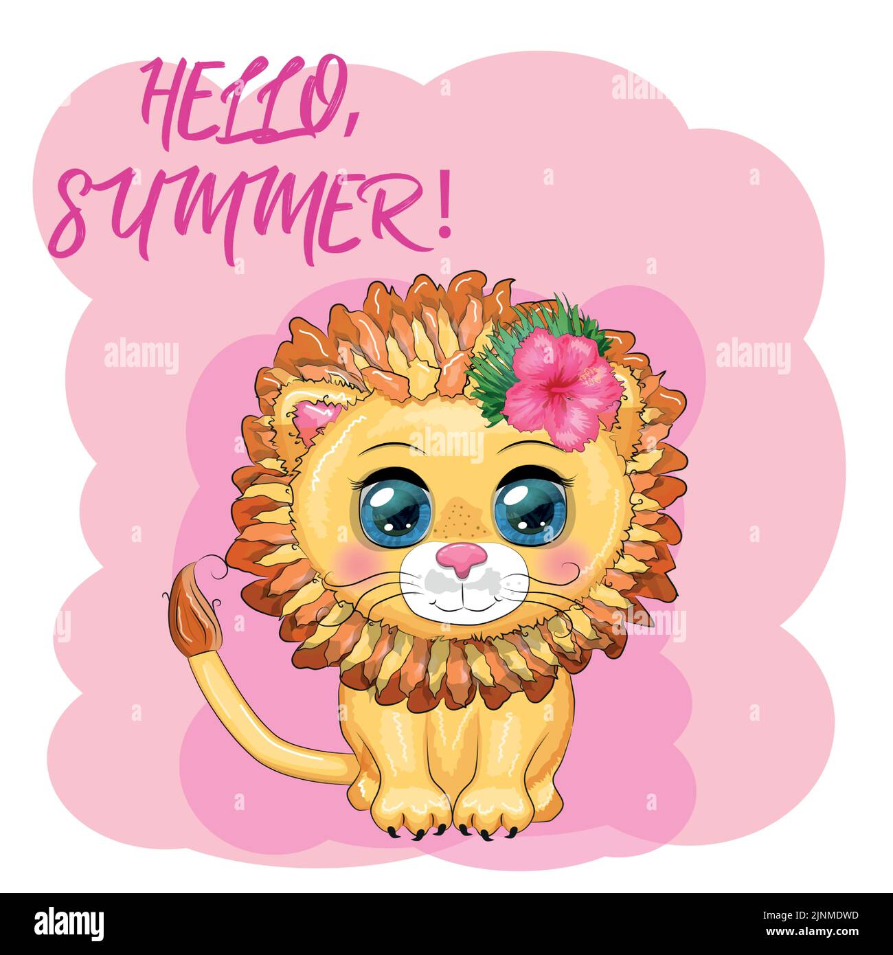 Niedlicher kleiner Löwe mit Kranz aus hawaii-Blumen. Cartoon ...