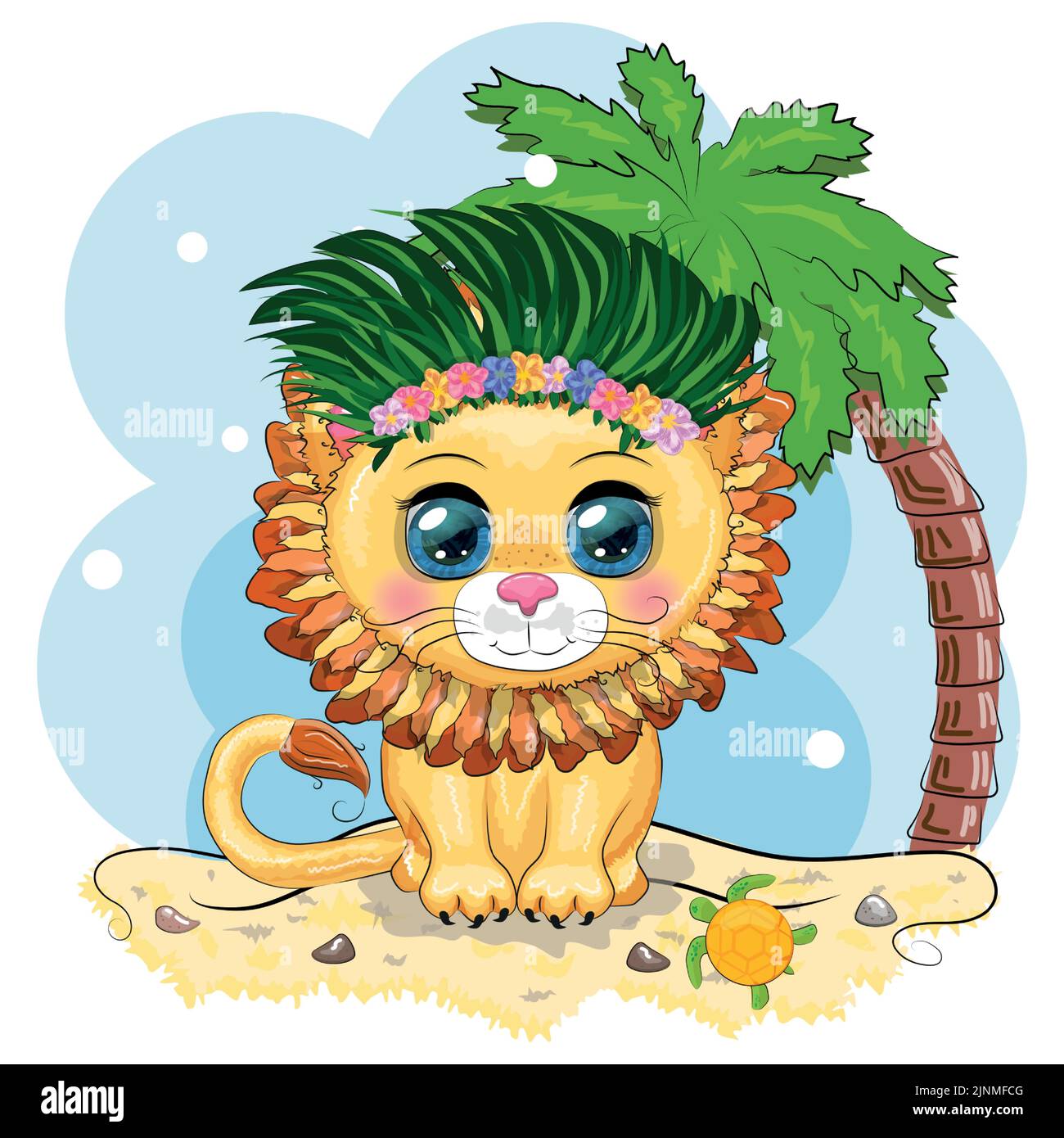 Niedlicher kleiner Löwe mit Kranz aus hawaii-Blumen. Cartoon ...
