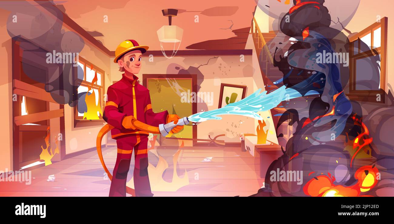 Feuerwehrmann löscht das Feuer im Innenraum des Hauses. Tapferer ... Feuerwehrmann löscht das Feuer im Innenraum des Hauses. Tapferer ...
