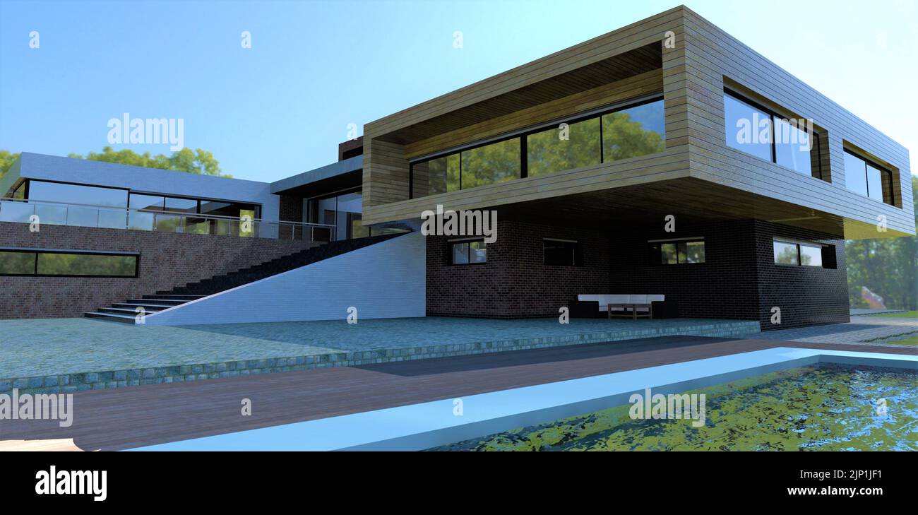 Innenhof eines modernen Landhauses. Wanddekoration Fassadenplatte und ...