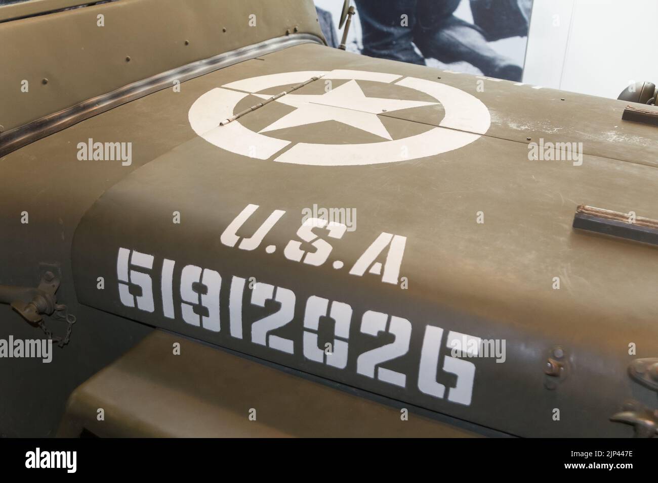 Eine Nahaufnahme eines alten legendären Armeejeeps, Vintage Willys Auto ...