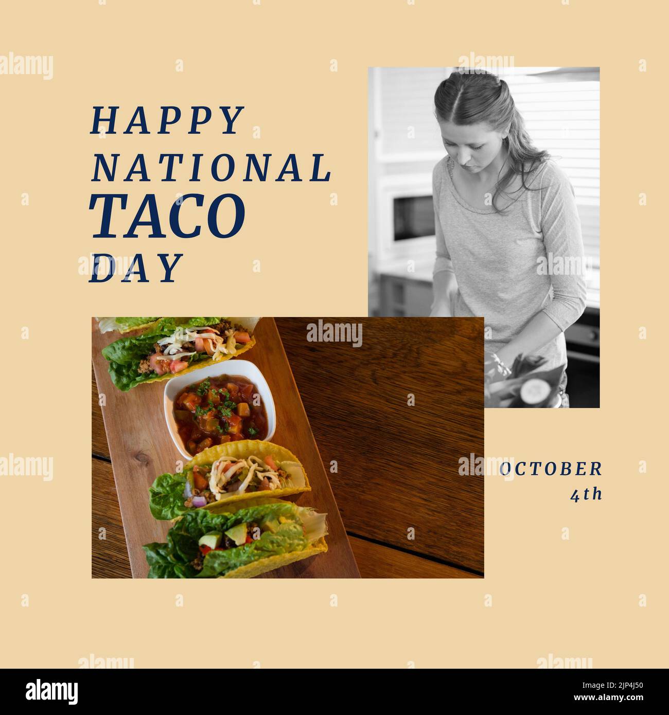 Komposition von glücklichen nationalen Taco-Tag-Text über Tacos und ...