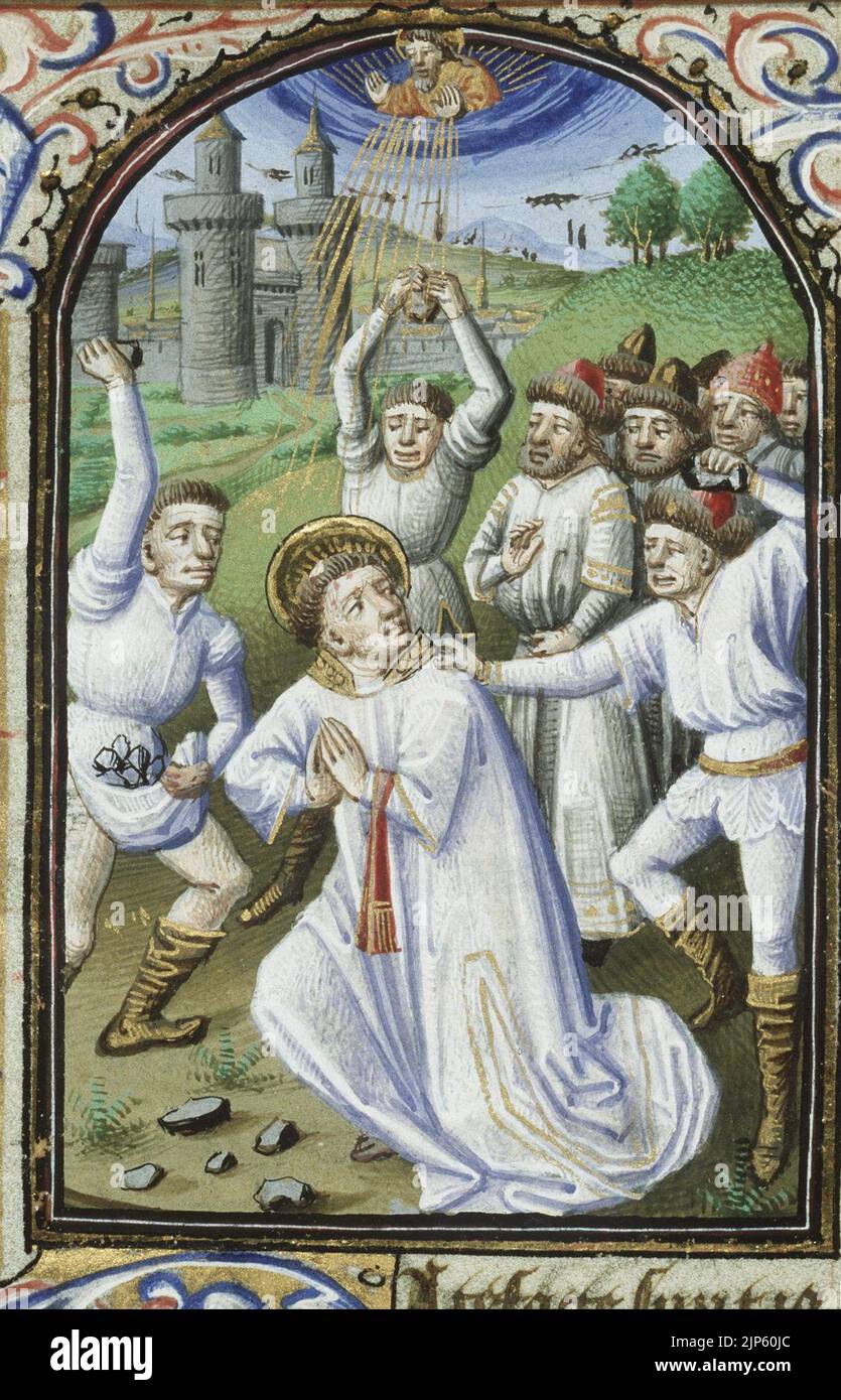 Das Martyrium des heiligen Stephanus - er wird gesteinigt - Stundenbuch Simon de Varie - KB 74 ...