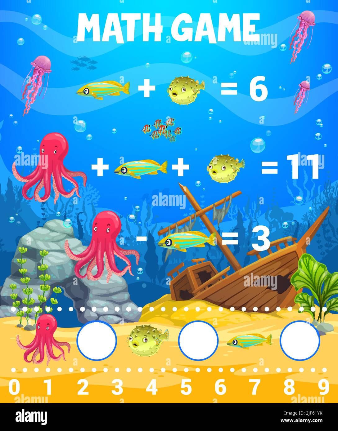 Mathe-Spiel Arbeitsblatt, Unterwasserlandschaft mit Meerestieren und ... Mathe-Spiel Arbeitsblatt, Unterwasserlandschaft mit Meerestieren und ...