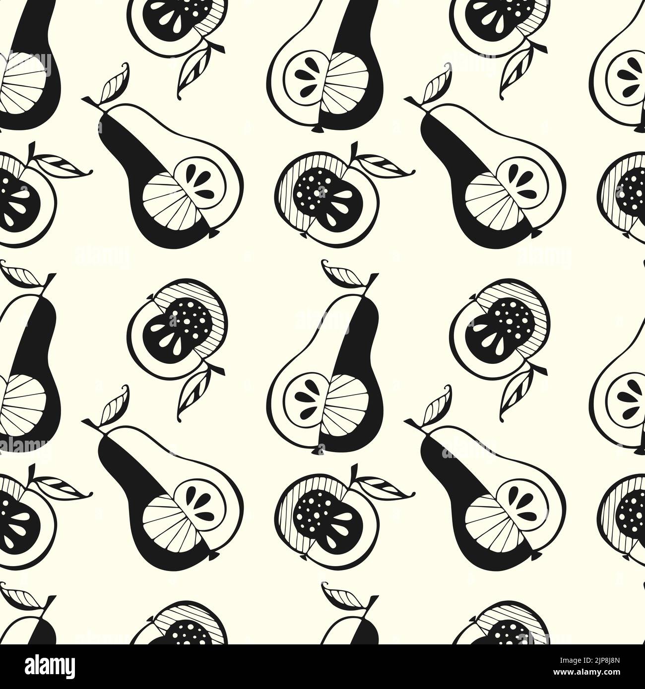 Apfelpfirsich Muster Doodle Hand gezeichnet, Umriss, Silhouette ...