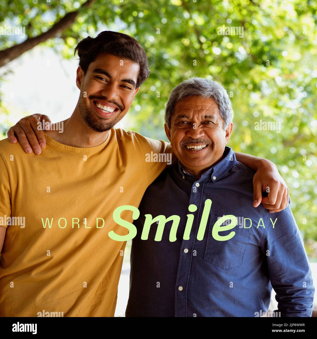 Zusammensetzung des Welt Lächeln Tag Text über biracial Mann und sein ...