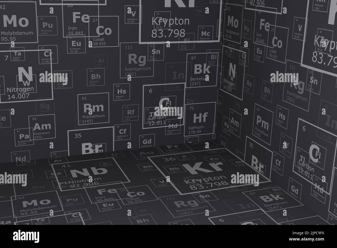 Dunkler 3D-chemischer Hintergrund der Elemente des Periodensystems ...