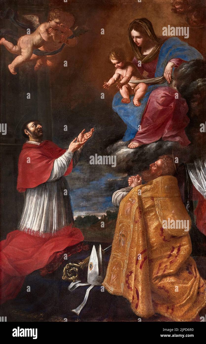 Madonna col Bambino con S. Carlo Borromeo e un santo vescovo - olio su ...