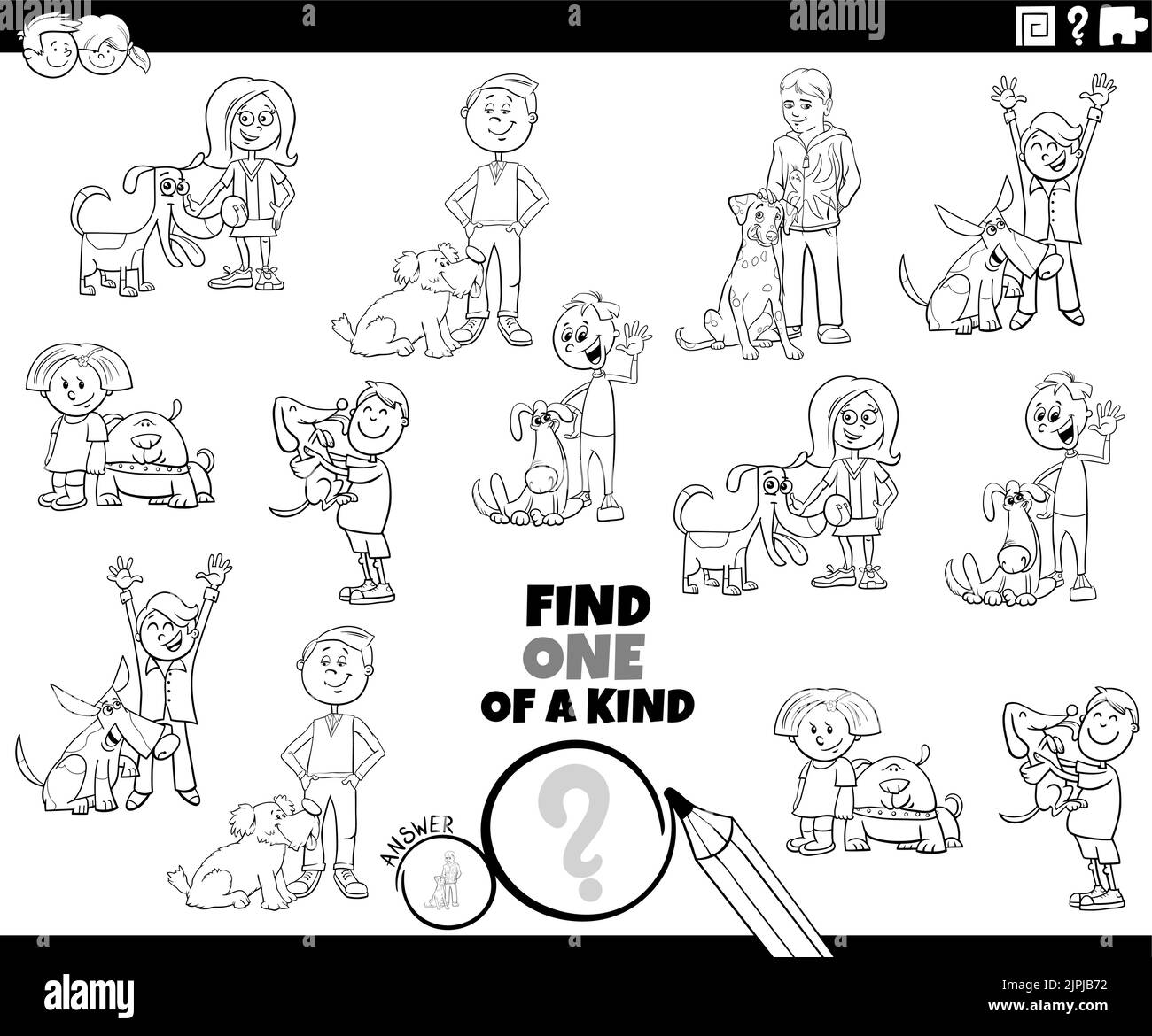 Schwarz-Weiß-Cartoon-Illustration der finden eine von einer Art Bild ...