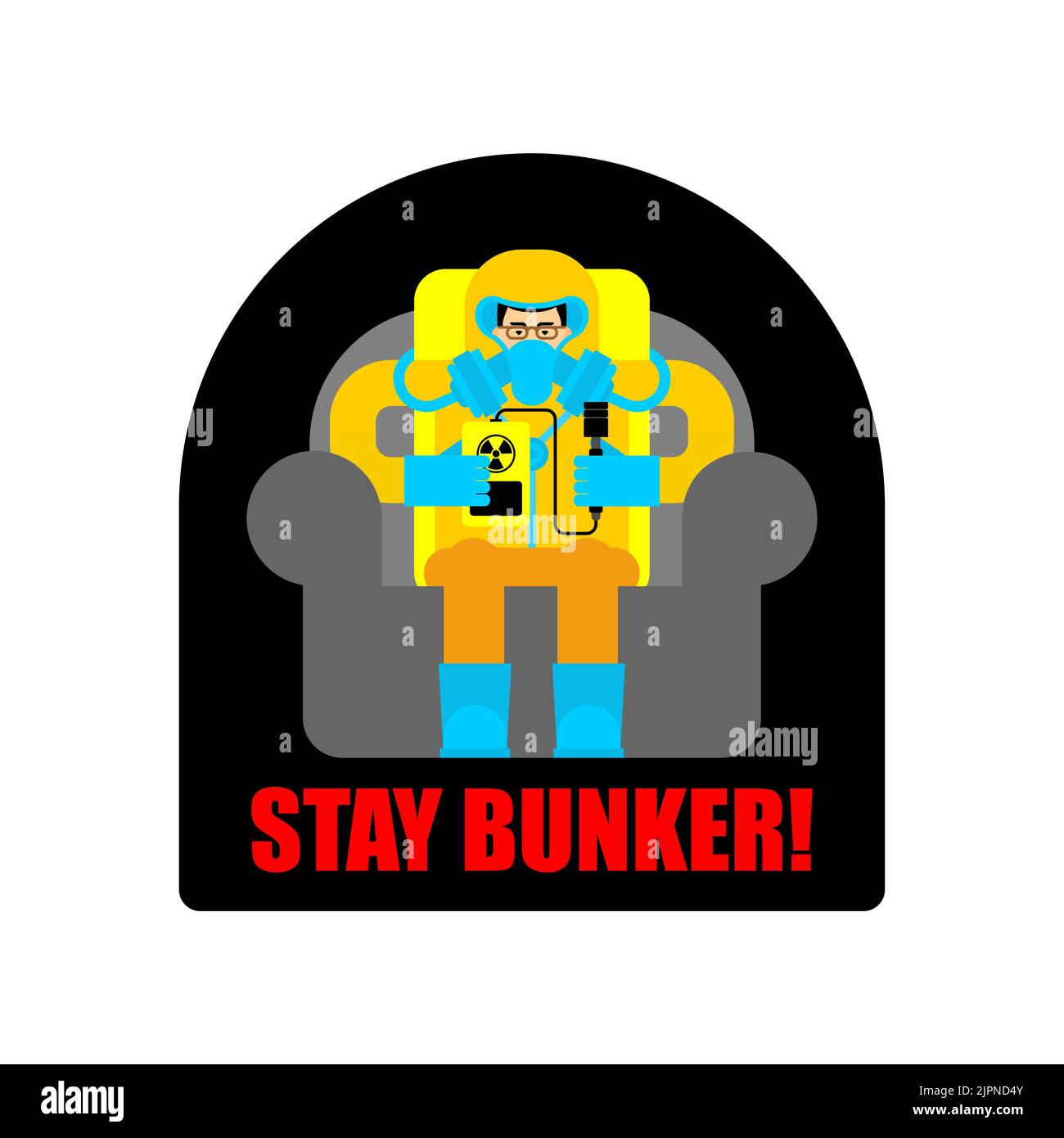Bleiben Sie im Bunker. Mann in Strahlenschutzanzug im Bunker vor ...
