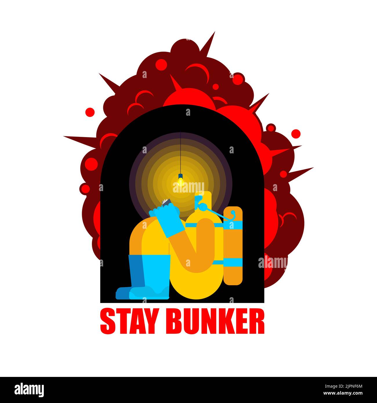 Bleiben Sie im Bunker. Mann in Strahlenschutzanzug im Bunker vor ...