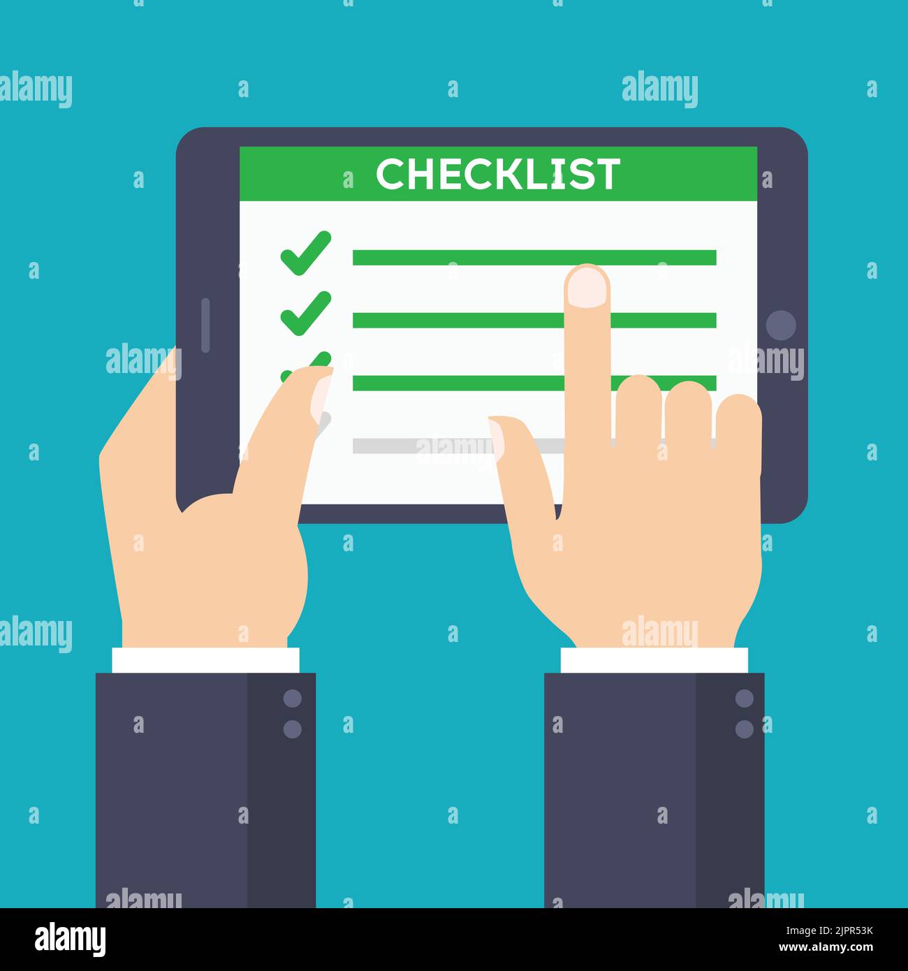 Tablet mit Checkliste. Hände halten Tablet mit Aufgabenliste fertig ...