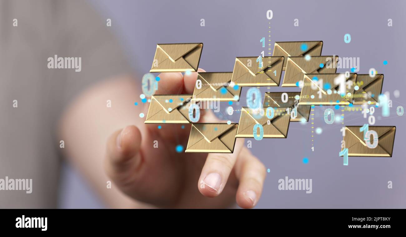 Die Hand eines Mannes berührt ein Gitter aus goldenen E-Mail-Symbolen ...