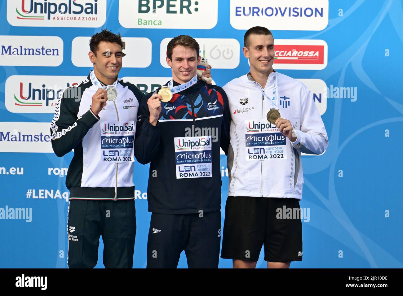 Rom, Italien. 17. Aug, 2022. Das Podium der Männer-Freistil 50m: Von ...