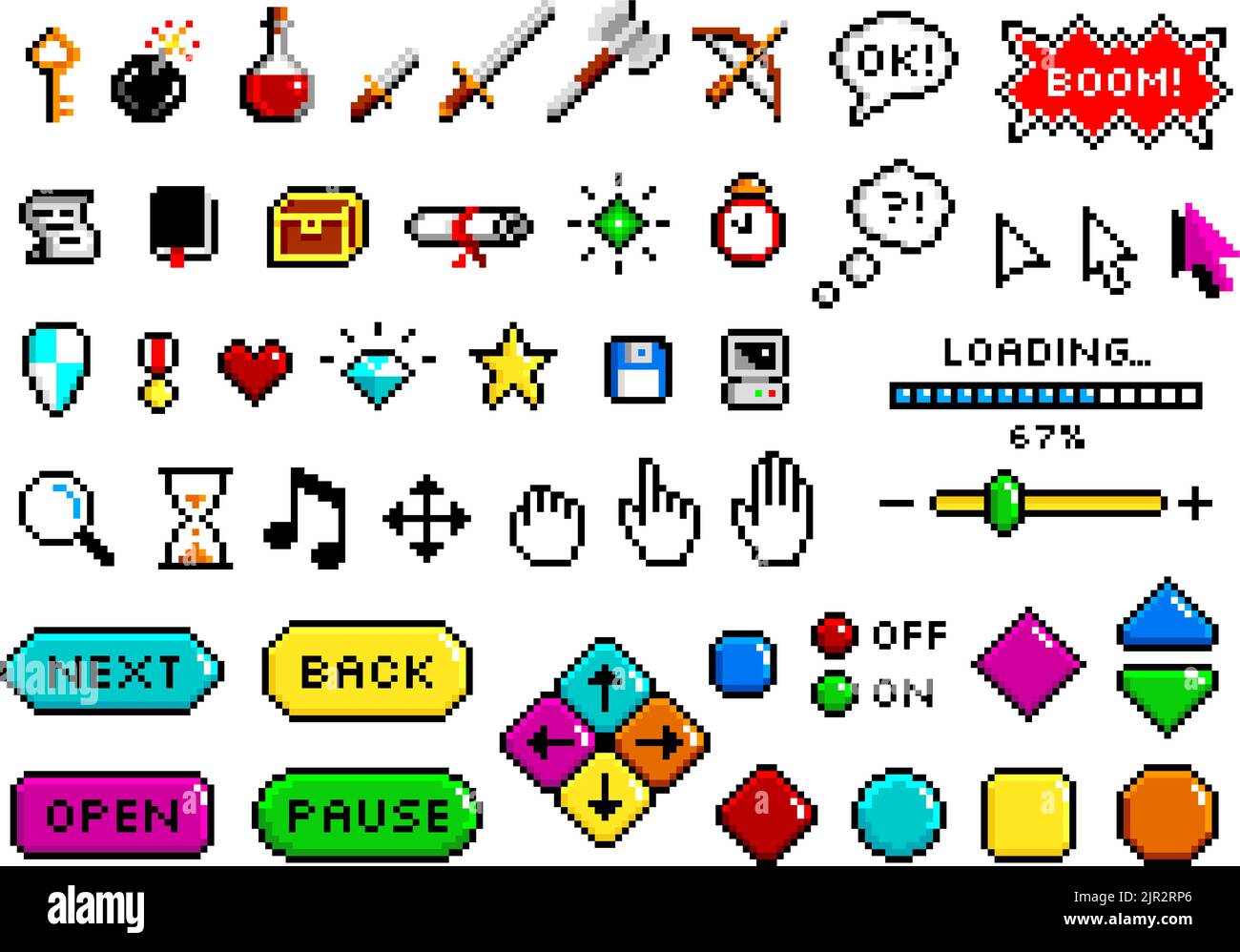 Pixel Game-Elemente. Knight Schwert, Laden Start Pause 8-Bit-Gaming ...