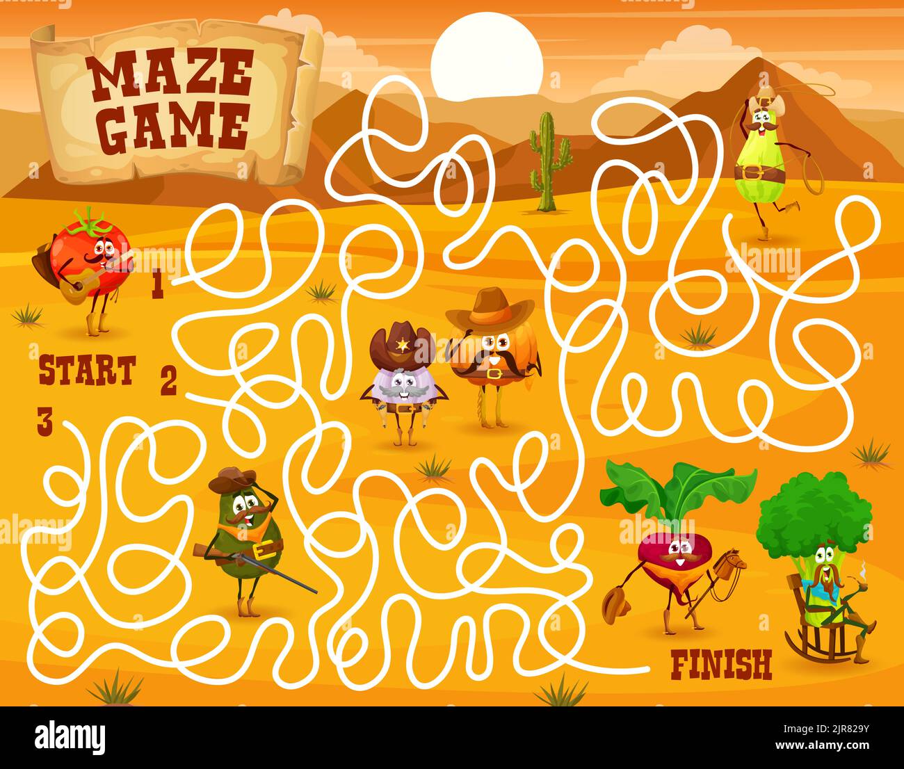Labyrinth Labyrinth Labyrinth Spiel. Cartoon Gemüse Sheriff und Cowboys ...