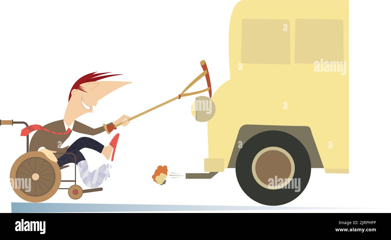 Comic-Mann fährt auf dem Rollstuhl. Comic-Mann mit Verband auf dem ...