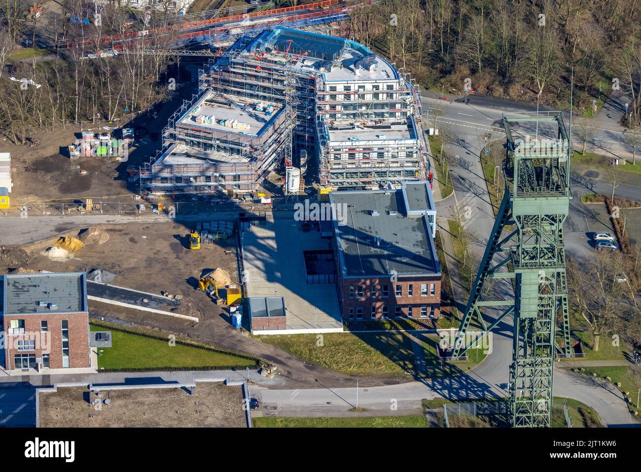 Luftaufnahme, Baustelle und Neubau an der Vestischen Straße Ecke zum Steigerhaus im OLGA Park in ...