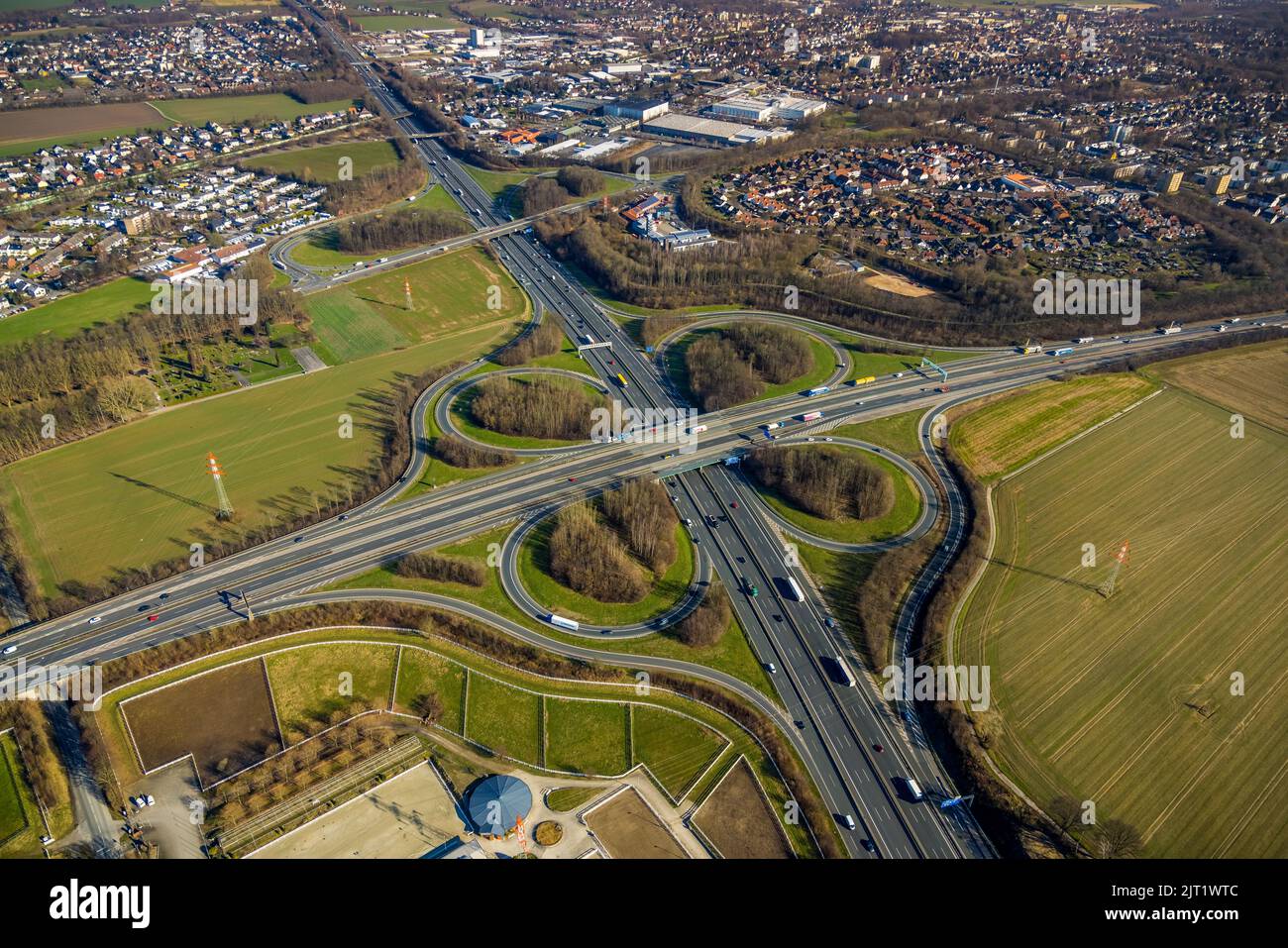 Luftbild, Autobahnkreuz Dortmund / Unna, Autobahn A1 und Autobahn A44, Massen, Unna, Ruhrgebiet ...
