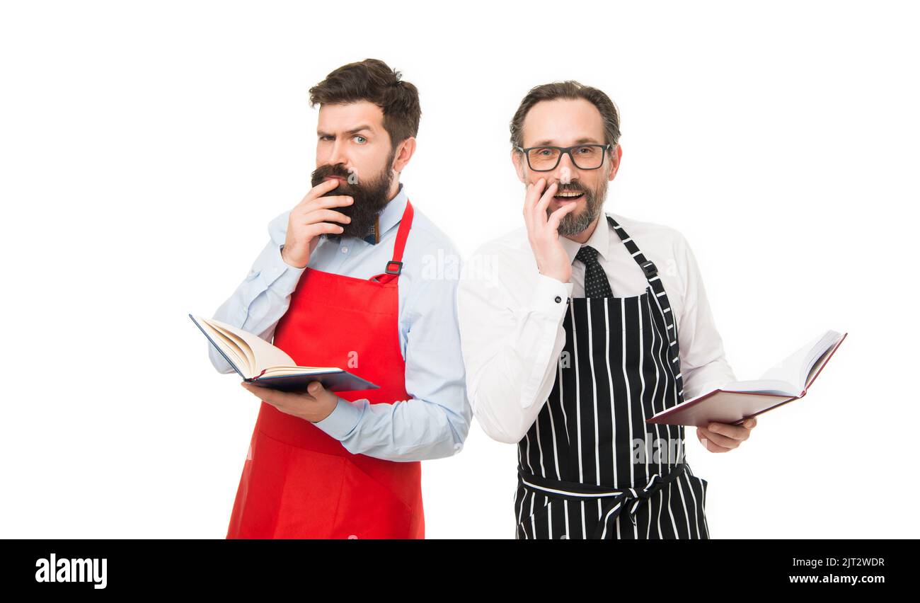 Mein Job. Verwirrt bärtige Männer mit Rezept Buch. Catering-Geschäft ...