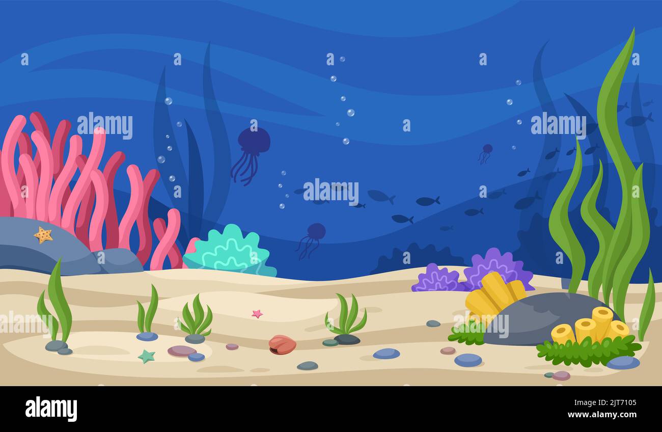 Lage am Meer. Cartoon Unterwasser Hintergrund mit Fisch Silhouetten ...