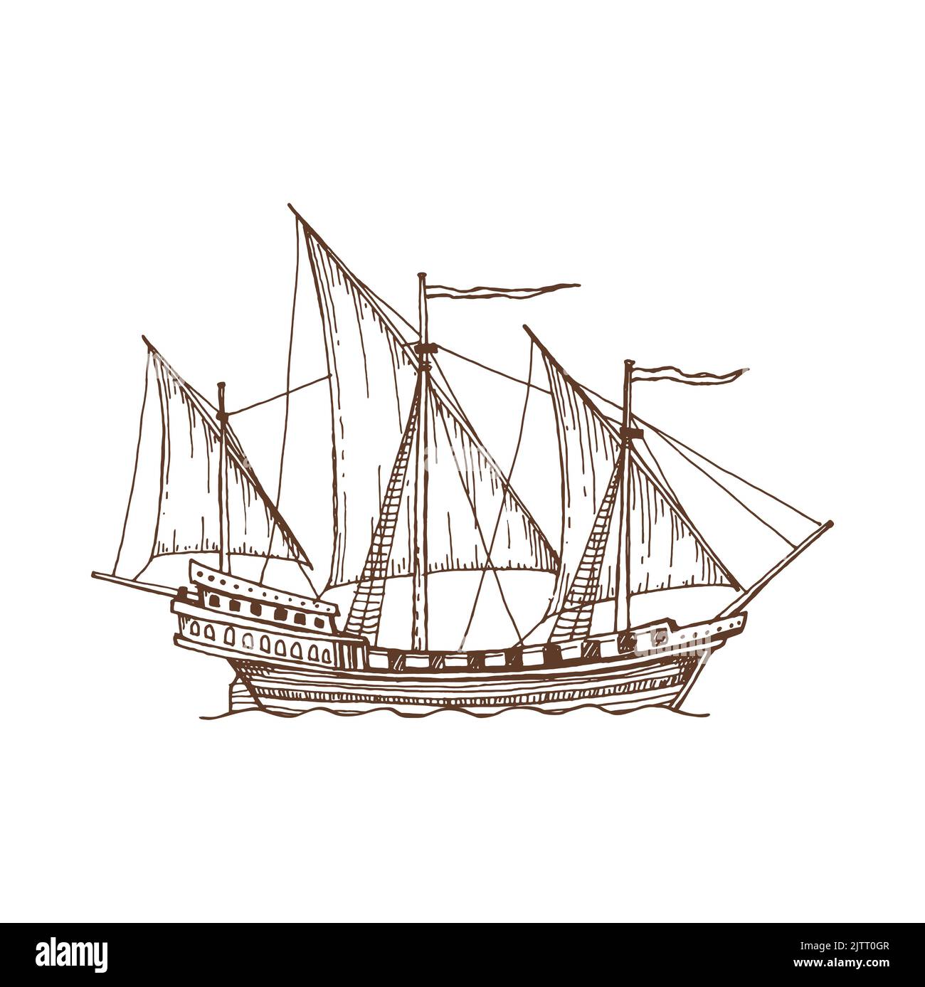 Segelschiff mit Flagge, retro Segelboot altes Schiff. Vector Brigantine ...