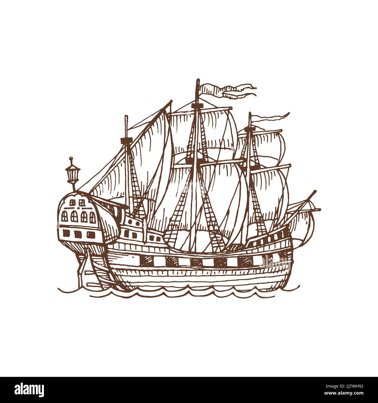 Retro-Segelboot mit Leinwand. Brigantine auf dem Meer isoliert Skizze ...