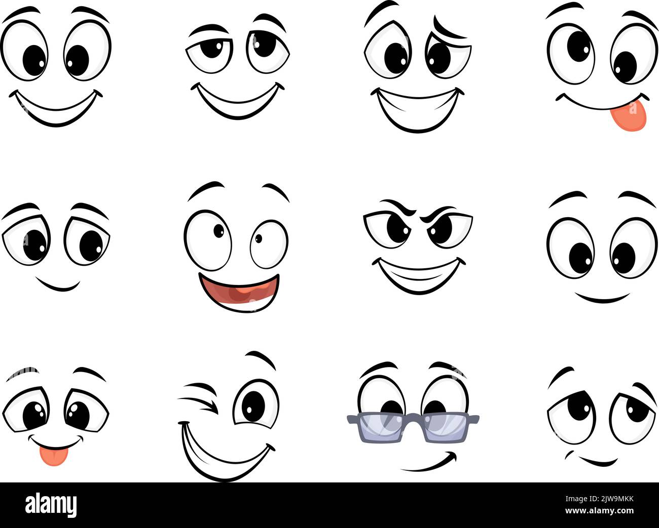 Happy Faces-Ausdrücke. Lustige Schnauze und Augen Emotionen, Gesicht ...