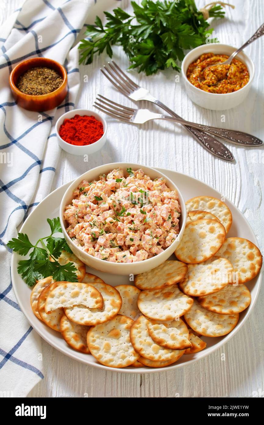 Schinkensalat mit Creole-Senf und Mayonnaise-Dressing in weißer ...